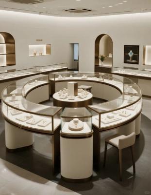 China Custom Design Jewelry Island Showcase Metal Wood Base Clear Glass Retail Furniture for sale