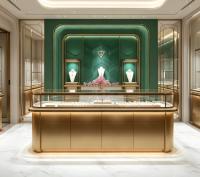 China Luxury Green & Gold Jewelry Store Display Set, Complete Turnkey Fixture Package with Central Showcase & Back Wall Display for sale