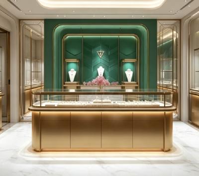 China Luxury Green & Gold Jewelry Store Display Set, Complete Turnkey Fixture Package with Central Showcase & Back Wall Display for sale
