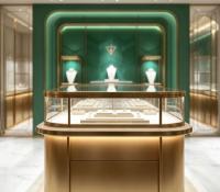China Luxury Green & Gold Jewelry Store Display Set, Complete Turnkey Fixture Package with Central Showcase & Back Wall Display for sale