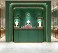China Luxury Green & Gold Jewelry Store Display Set, Complete Turnkey Fixture Package with Central Showcase & Back Wall Display for sale