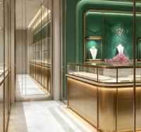 China Luxury Green & Gold Jewelry Store Display Set, Complete Turnkey Fixture Package with Central Showcase & Back Wall Display for sale