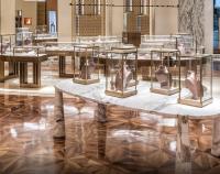China Customizable Round Jewelry Display Counters with LED Lighting Marble Base & Brass Frame Luxury Store Furniture for Mall for sale