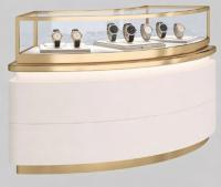China Luxury Gold Frame Glass Jewelry Showcase with White Leather Base LED Lighting for Retail Stores & Luxury Malls for sale
