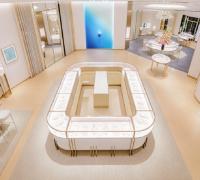 China Luxury White & Gold Curved Jewelry Display Island, Premium Glass Jewelry Showcase for High-End Jewelry Stores for sale