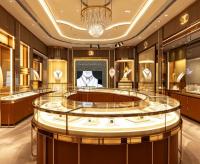 China Luxury Warm Gold-Tone Jewelry Store Display Cabinet, Custom Glass Showcase for High-End Brand Boutiques for sale