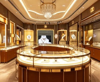 China Luxury Warm Gold-Tone Jewelry Store Display Cabinet, Custom Glass Showcase for High-End Brand Boutiques for sale
