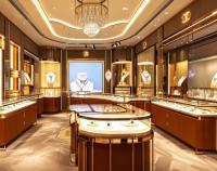 China Luxury Warm Gold-Tone Jewelry Store Display Cabinet, Custom Glass Showcase for High-End Brand Boutiques for sale