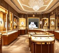 China Luxury Warm Gold-Tone Jewelry Store Display Cabinet, Custom Glass Showcase for High-End Brand Boutiques for sale