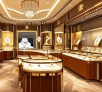 China Luxury Warm Gold-Tone Jewelry Store Display Cabinet, Custom Glass Showcase for High-End Brand Boutiques for sale