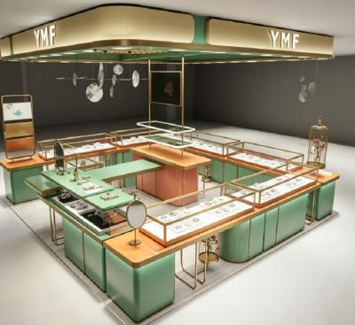China Luxury New Chinese Style Green & Gold Jewelry Display Cabinet, Premium Glass Showcase for High-End Jewelry Retail for sale