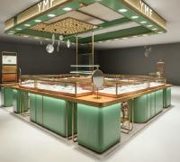 China Luxury New Chinese Style Green & Gold Jewelry Display Cabinet, Premium Glass Showcase for High-End Jewelry Retail for sale