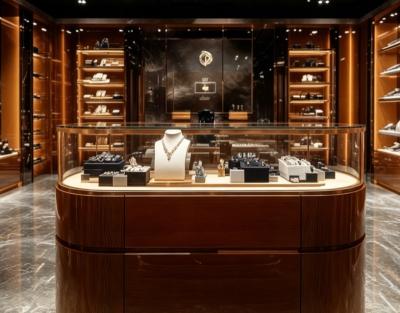 China Luxury Solid Wood Oval Island Jewelry Display Cabinet, Premium Glass Showcase for High-End Luxury Retail for sale