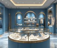China Custom High-End Brand Store Blue & Gold Display Cabinet, Glass Showcase for Jewelry & Apparel for sale