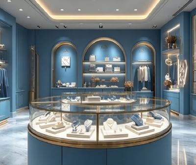 China Custom High-End Brand Store Blue & Gold Display Cabinet, Glass Showcase for Jewelry & Apparel for sale