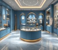 China Custom High-End Brand Store Blue & Gold Display Cabinet, Glass Showcase for Jewelry & Apparel for sale