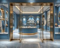 China Custom High-End Brand Store Blue & Gold Display Cabinet, Glass Showcase for Jewelry & Apparel for sale