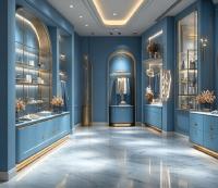 China Custom High-End Brand Store Blue & Gold Display Cabinet, Glass Showcase for Jewelry & Apparel for sale