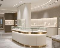 China Curved Island Customizable Jewelry Display Counter | Cream Body with Gold Trim | Glass Showcase LED Lights for Retail Store Mall for sale