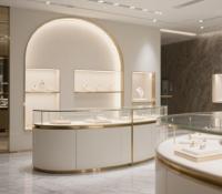 China Curved Island Customizable Jewelry Display Counter | Cream Body with Gold Trim | Glass Showcase LED Lights for Retail Store Mall for sale