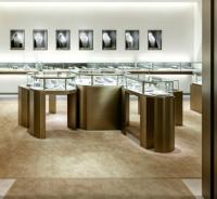 China Commercial Interior Design of Luxury Jewelry Display Showroom with Vintage Gold LED Display Cabinets for Shopping Mall for sale