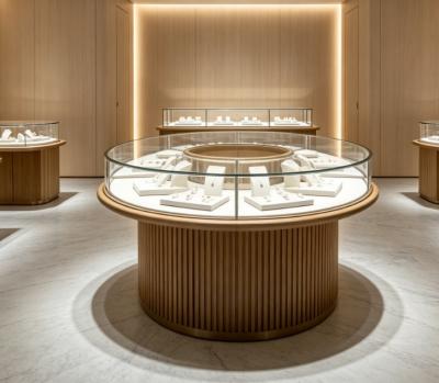 China Custom Curved Jewelry Display Stand, Gold Stainless Steel Glass Counter for Luxury Jewelry Store for sale