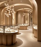 China Custom Curved Jewelry Display Stand, Gold Stainless Steel Glass Counter for Luxury Jewelry Store for sale