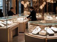 China Luxury Gold Metal Frame Jewelry Display Case with Tempered Glass Top and LED Lit for Retail Store for sale
