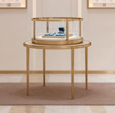 China High End Circular Jewelry Display Cabinet Freestanding Glass Showcase with White Velvet Base LED Lighting for Diamond Ring for sale