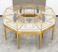 China Luxury Octagonal Glass Jewelry Display Table Gold Frame LED Durable High Quality Circular Showcase for Jewelry Stores for sale
