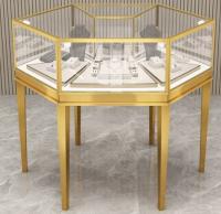 China Luxury Octagonal Glass Jewelry Display Table Gold Frame LED Durable High Quality Circular Showcase for Jewelry Stores for sale