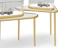 China Luxury Irregular Shape Jewelry Display Table with Gold Frame and LED Lighting Premium Curved Glass Showcase for sale