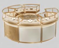 China Luxury Curved Gold LED Jewelry Display Case with Round Glass Showcase and Vertical Slat Panel for Ring Necklace Store for sale