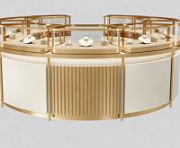 China Luxury Curved Gold LED Jewelry Display Case with Round Glass Showcase and Vertical Slat Panel for Ring Necklace Store for sale