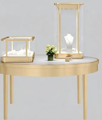 China Luxury Table Glass Jewelry Display Case Gold Metal Frame LED Tall Tower Showcase Retail Showroom Display for Rings Necklaces for sale