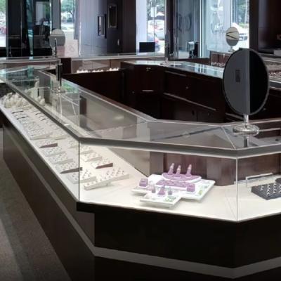 China Modern Business Dark Walnut & Silver Trim LED Jewelry Display Cases High End Custom Glass Showcases Wood Base Retail Store for sale