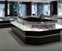 China Modern Business Dark Walnut & Silver Trim LED Jewelry Display Cases High End Custom Glass Showcases Wood Base Retail Store for sale