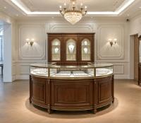 China Vintage Solid Wood Curved Island Jewelry Display Counter LED Lighting | Walnut Wood Carved Details | Glass Showcase Retail Store for sale