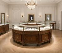 China Vintage Solid Wood Curved Island Jewelry Display Counter LED Lighting | Walnut Wood Carved Details | Glass Showcase Retail Store for sale
