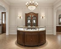 China Vintage Solid Wood Curved Island Jewelry Display Counter LED Lighting | Walnut Wood Carved Details | Glass Showcase Retail Store for sale