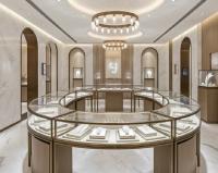 China Curved Modular Jewelry Display Counter LED Lighting Brushed Bronze Frame | Customizable Dimensions for Luxury Malls Jewelry for sale