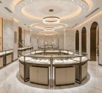 China Curved Modular Jewelry Display Counter LED Lighting Brushed Bronze Frame | Customizable Dimensions for Luxury Malls Jewelry for sale