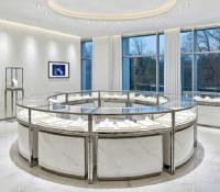 China Luxury Island Jewelry Display Counter Marble Base Gold Trim Glass Showcase LED Lights GZowin Brand Customized Design Luxury for sale