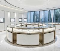 China Luxury Island Jewelry Display Counter Marble Base Gold Trim Glass Showcase LED Lights GZowin Brand Customized Design Luxury for sale