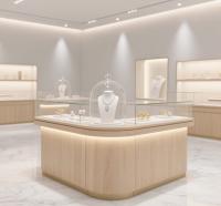 China Rounded Corner Island Jewelry Display Counter | Light Wood Body Gold Trim Glass Showcase | Built-in LED Lights High Showroom for sale