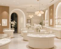 China Curved Island Customizable Aluminium Jewelry Display Counter | Cream Body Gold Trim | Glass Showcase LED Lights | Shopping Mall for sale