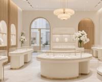 China Curved Island Customizable Aluminium Jewelry Display Counter | Cream Body Gold Trim | Glass Showcase LED Lights | Shopping Mall for sale