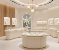 China Curved Island Customizable Aluminium Jewelry Display Counter | Cream Body Gold Trim | Glass Showcase LED Lights | Shopping Mall for sale