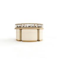 China Luxury Curved C-Shaped Jewelry Display Table | Beige Body Brushed Gold Metal Frame Marble Top | Curved Glass Showcase for sale