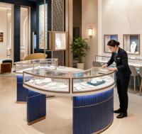 China Luxury Curved Jewelry Display Cabinet | Navy Blue Fluted Base Rose Gold Metal Frame | Glass Showcase Built-in LED Showroom Mall for sale